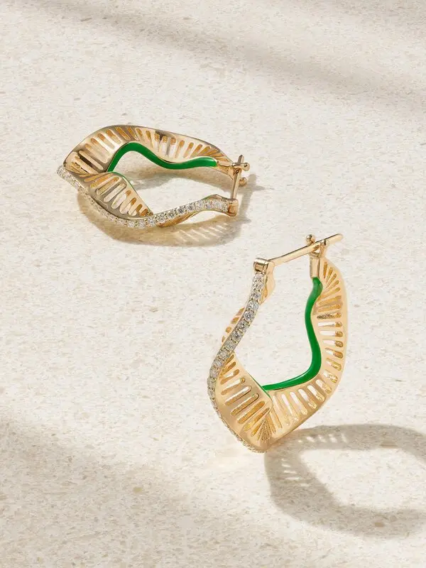 L’ATELIER NAWBAR Twisted Waves 18-karat Enamel And Diamond Hoop Earrings - Green
