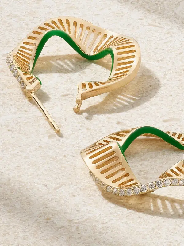 L’ATELIER NAWBAR Twisted Waves 18-karat Enamel And Diamond Hoop Earrings - Green