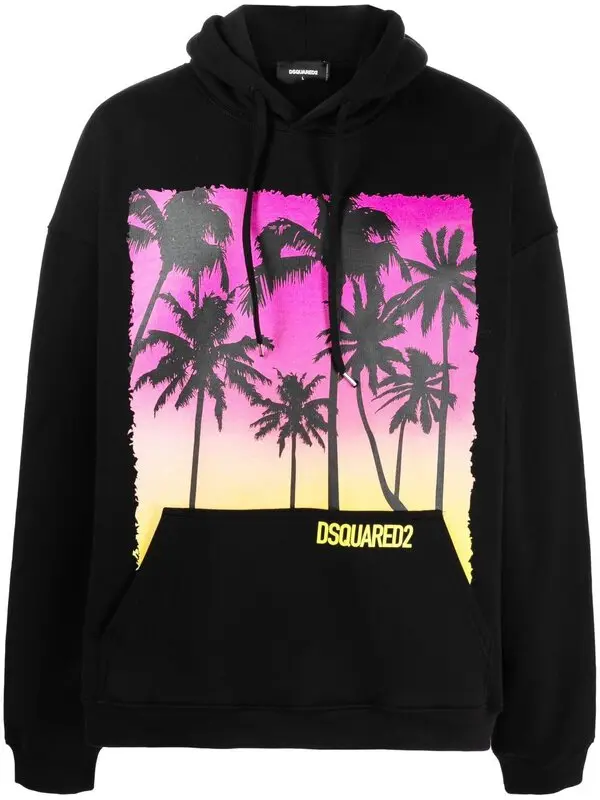 Dsquared2 Palm-tree Print Cotton Hoodie - Black