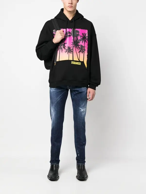 Dsquared2 Palm-tree Print Cotton Hoodie - Black