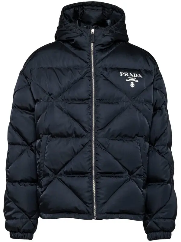 Prada Embroidered Logo Puffer Jacket - Blue | Editorialist