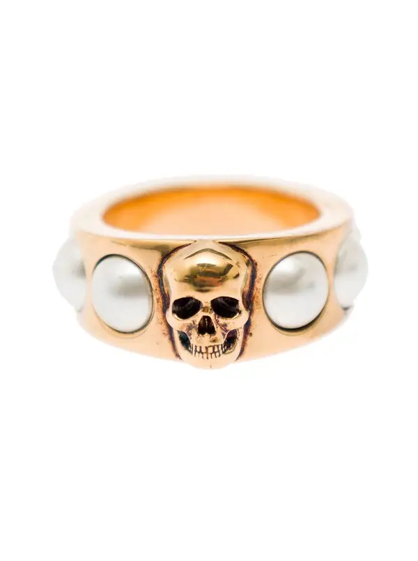 Alexander McQueen Pearl N Skull Ring Antique Gold Pearl
