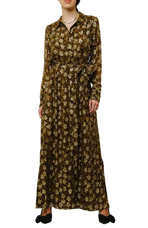 CIEBON Jynai Long Sleeve Shirtdress With Metallic Stars And Belt
