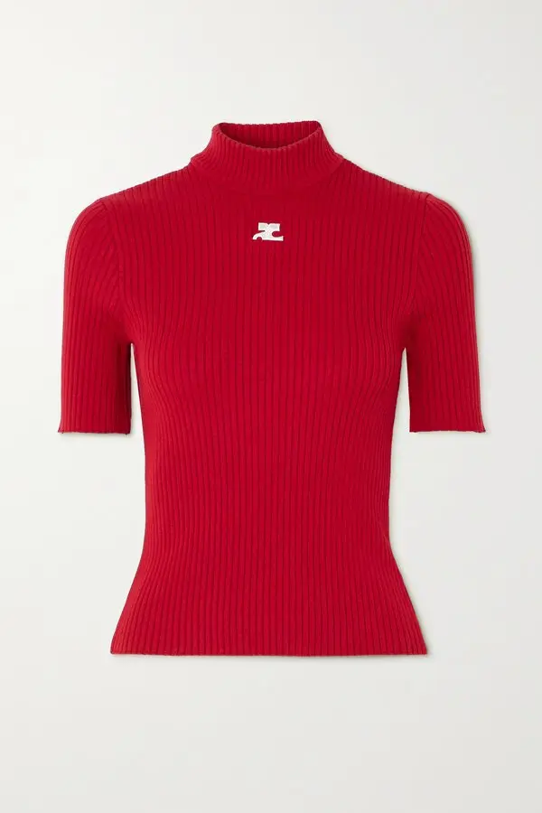 COURREGES Embroidered Ribbed-knit Top - Red