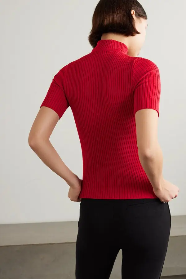 COURREGES Embroidered Ribbed-knit Top - Red