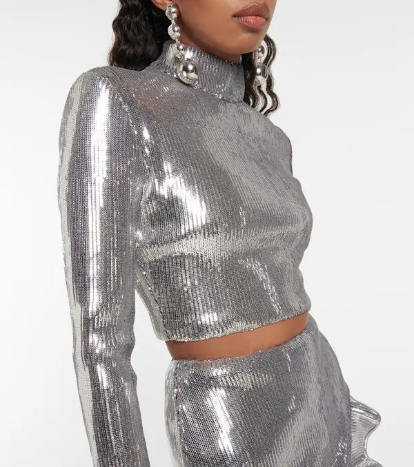 David Koma Sequined Mockneck Crop Top - Silver