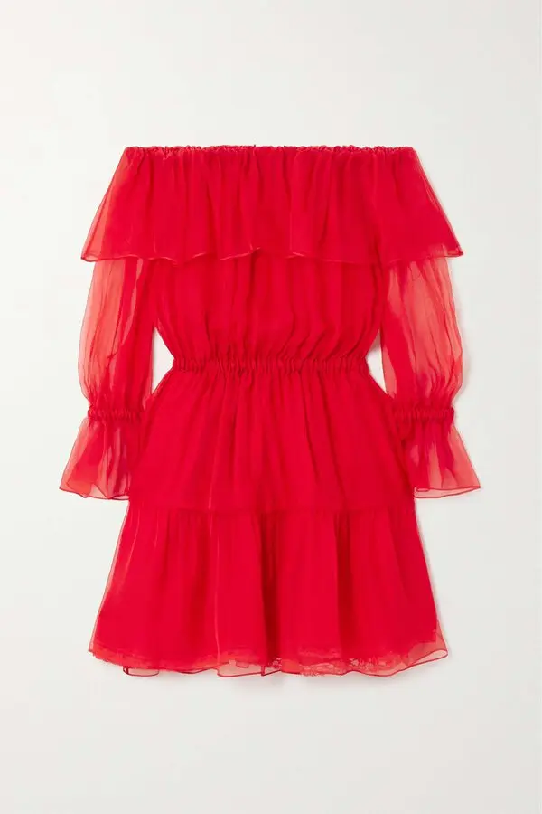 Gucci Ruffled Off-The-Shoulder Silk-Chiffon Mini Dress - Red | Editorialist