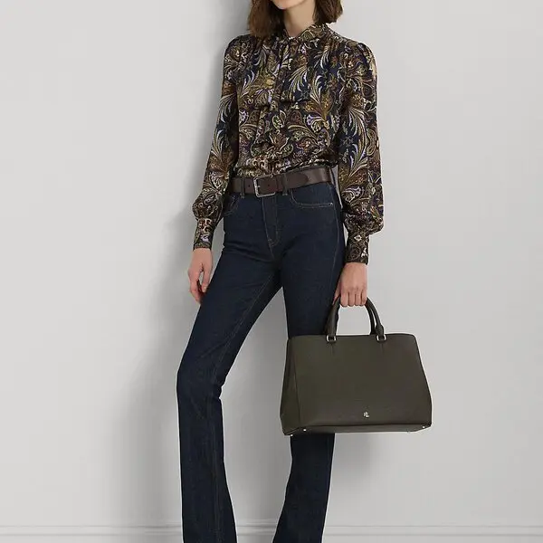 Ralph Lauren Crosshatch Leather Large Hanna Satchel - Dark Olive