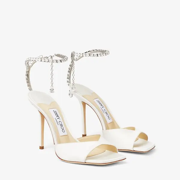 JIMMY CHOO Saeda Sandal 100 Ivory Satin Sandals With Crystal Embellishment Ivory/crystal - Neutral