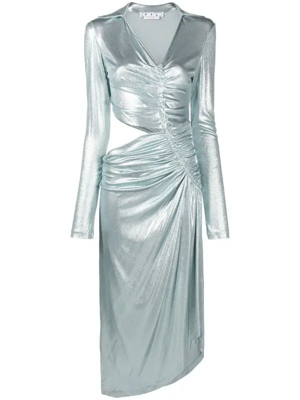 Off-White Metallic Draped Midi Dress - Blue