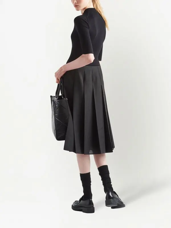 Prada Pleated Kid-Mohair Midi Skirt - Grey | Editorialist