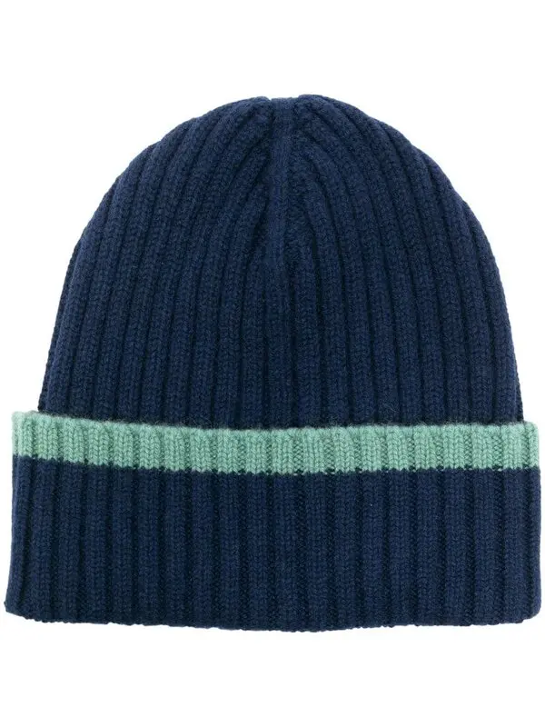 DELL'OGLIO Cashmere Beanie With Stripe Trim - Blue