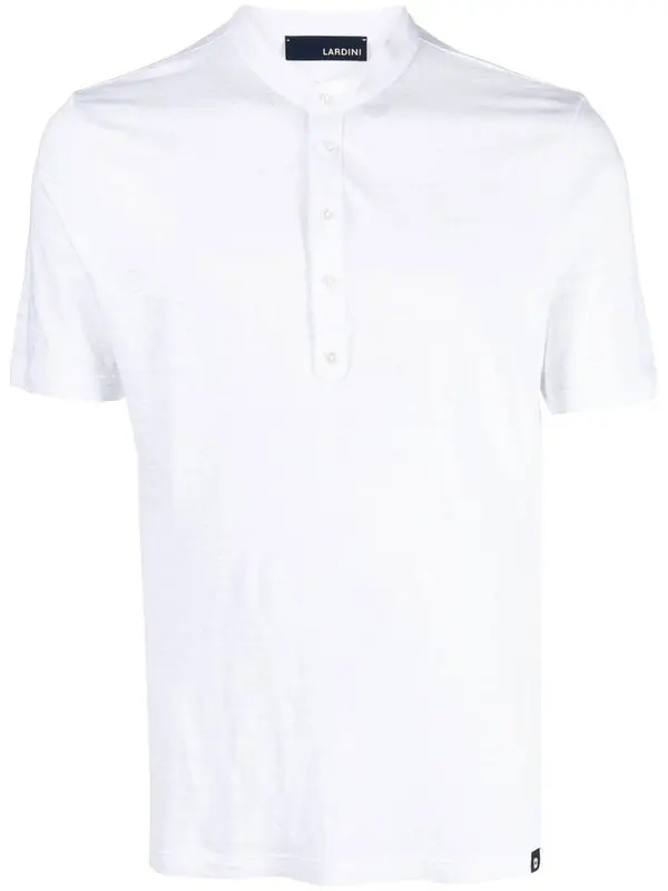 LARDINI Linen Band Collar Polo Top - White