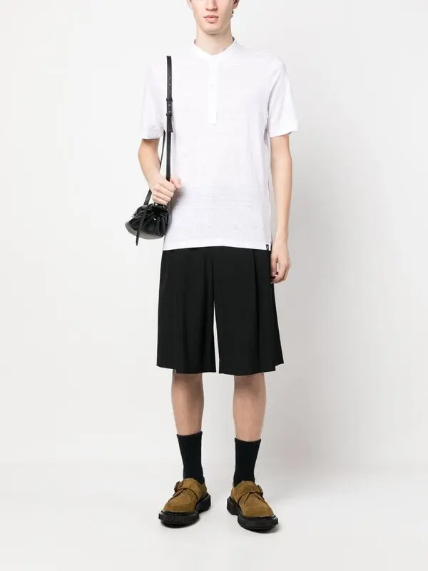 LARDINI Linen Band Collar Polo Top - White