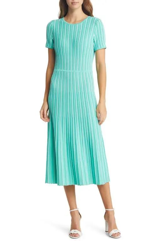 Ming Wang Stripe A-Line Midi Sweater Dress In Seaspray/White - 30% Off |  Editorialist
