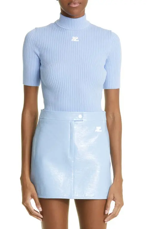 COURREGES Embroidered Logo Mock Neck Ribbed Sweater - Sky