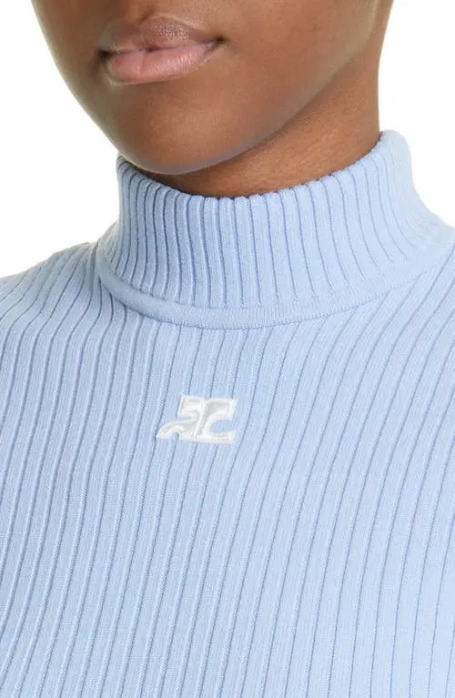 COURREGES Embroidered Logo Mock Neck Ribbed Sweater - Sky
