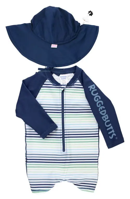 RUGGEDBUTTS One-piece Rashguard Swimsuit And Hat Set - Coastal Stripe