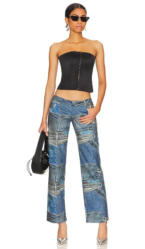 GUIZIO Satin Corset Top - Black