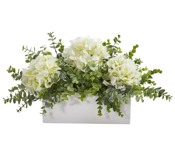 NEARLY NATURAL 15' Hydrangea & Eucalyptus Arra Ngement In Vase - One-color