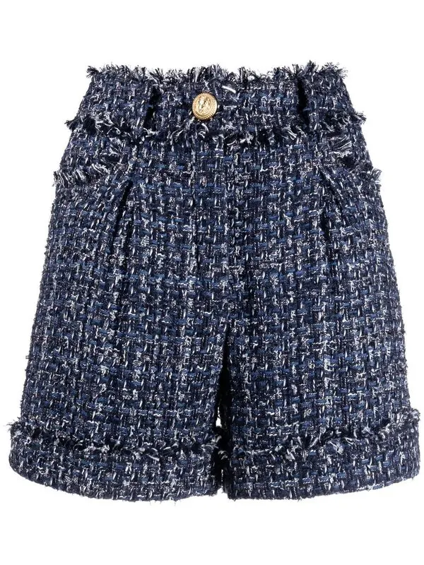 Balmain High-waisted Tweed Shorts - Blue