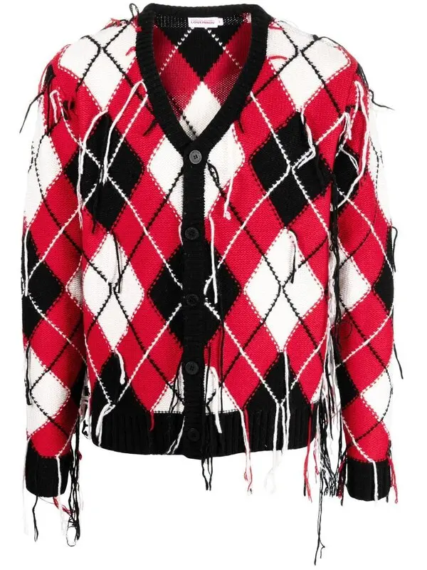 CHARLES JEFFREY Argyle-knit V-neck Cardigan With Fringes - Red