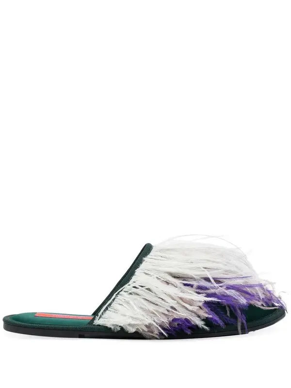 La DoubleJ Feather-trimmed Slippers - Green