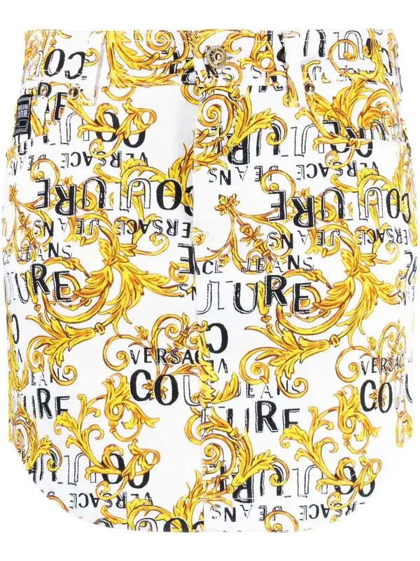 Versace Logo Couture-print Denim Miniskirt - White