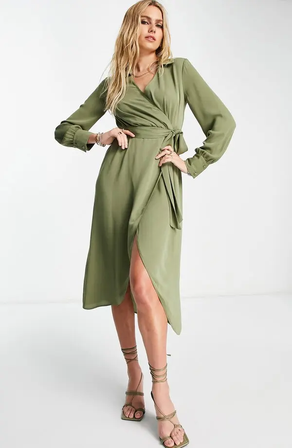 Asos Collared Long Sleeve Wrap Midi Dress In Light Green - 55% Off |  Editorialist