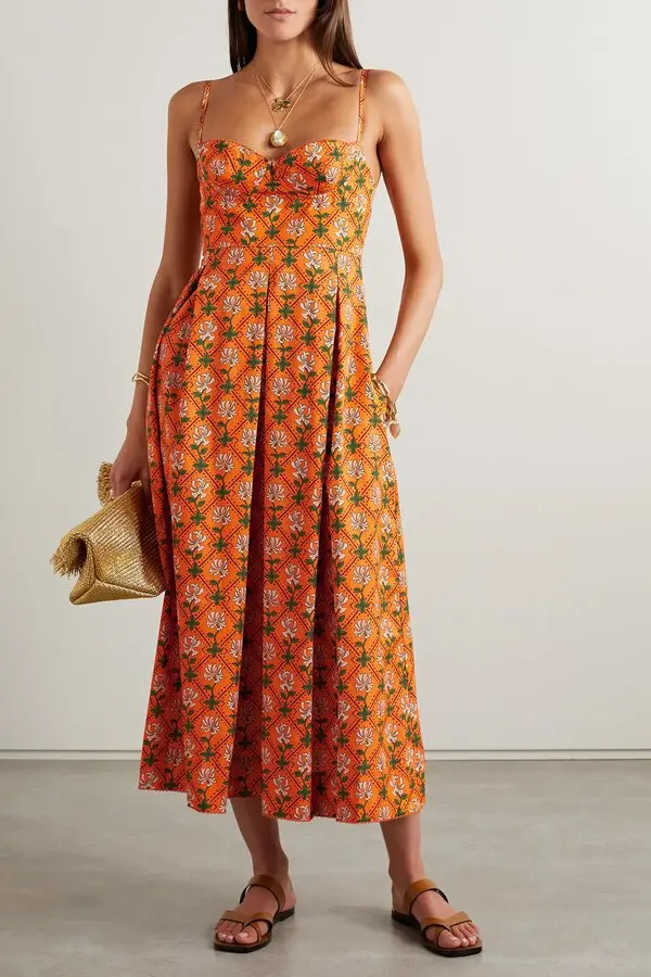 Agua Bendita Net Sustain Mambo Pleated Floral-Print Cotton-Poplin Midi Dress  In Orange - 30% Off | Editorialist