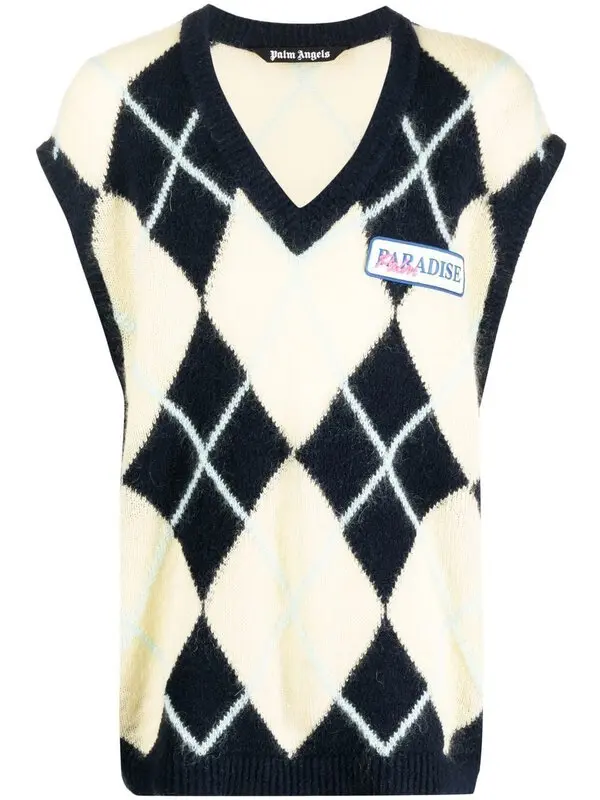 Palm Angels Logo-patch Argyle Knitted Vest - Black