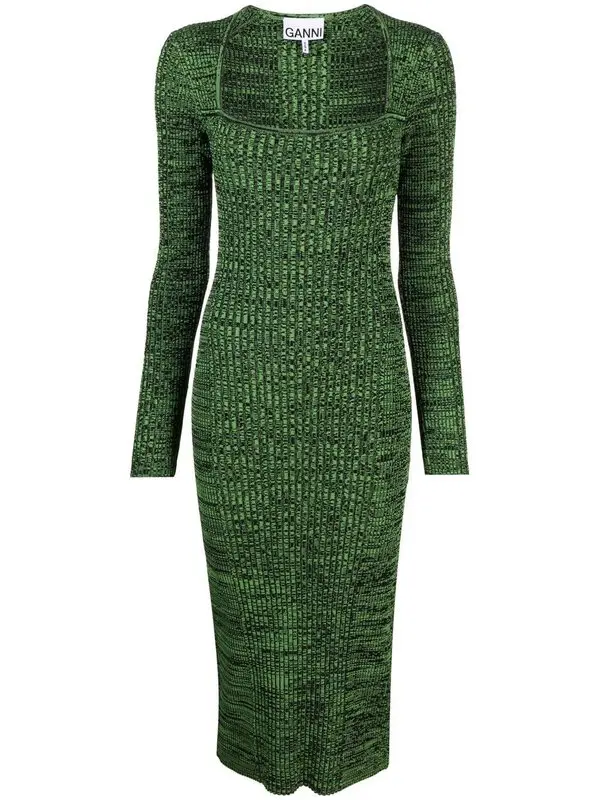 GANNI Square-neck Knitted Midi Dress