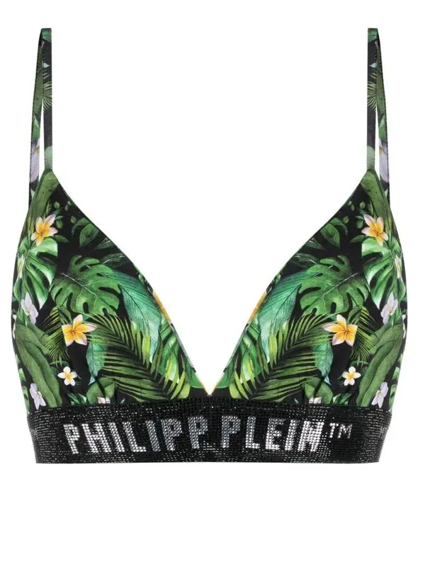 Philipp Plein Hawaiian-print Logo-underband Bralette - Green