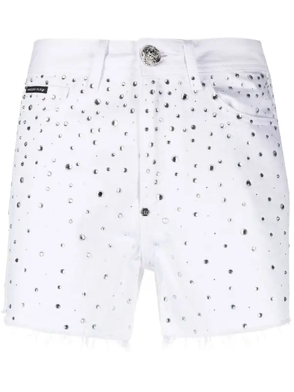 Philipp Plein Crystal-embellished Denim Shorts - White