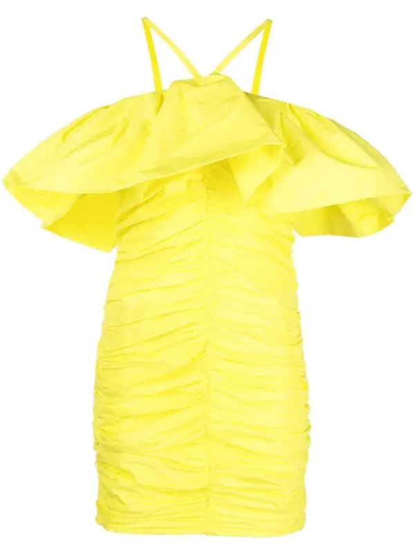 MSGM Ruched Ruffle-trim Mini Dress - Yellow