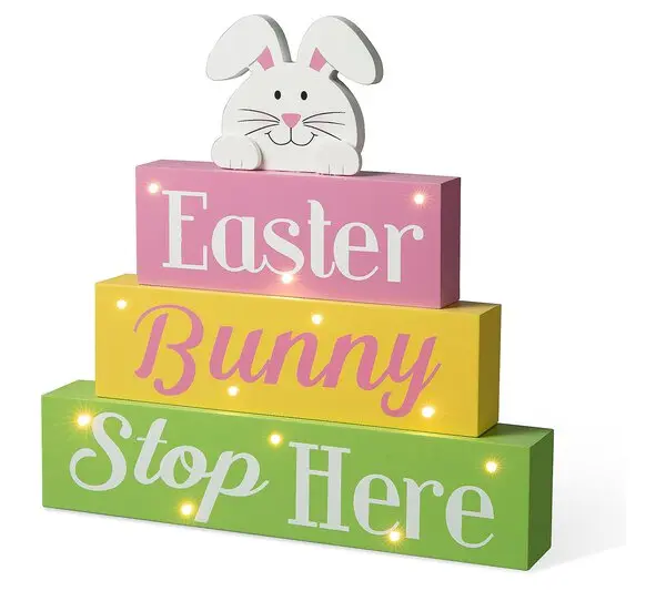 GLITZHOME 12' Easter Led Lighted Wooden Bunny B Ock Word Sign - One-color