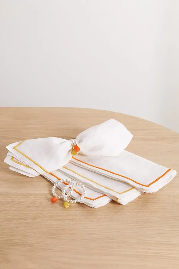 Completedworks Sister Studio Ashby Set Of Four Linen Napkins And Faux Pearl And Resin Napkin Rings - Orange