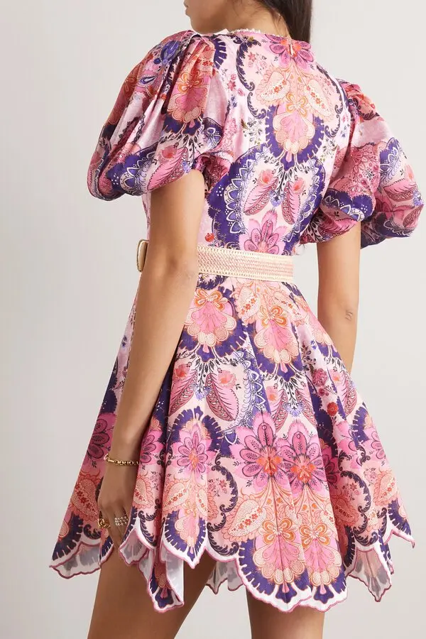 Zimmermann Laurel Belted Printed Linen Mini Dress In Pink - 30% Off |  Editorialist