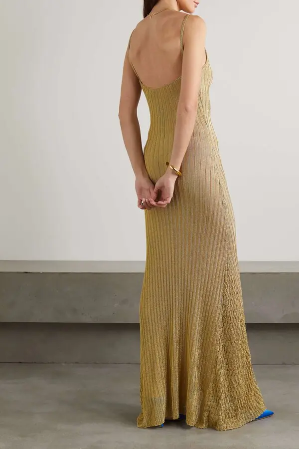 Victoria Beckham Metallic Ribbed-Knit Maxi Dress In Gold - 60% Off |  Editorialist