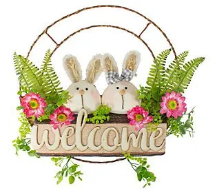 NORTHLIGHT Rabbit Couple Floral Spring 'welcome Wreath 19 - One-color