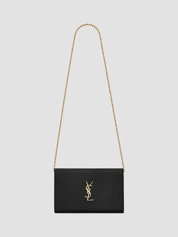 Saint Laurent Cassandre Chain Wallet In Crocodile-embossed Shiny Leather - Black