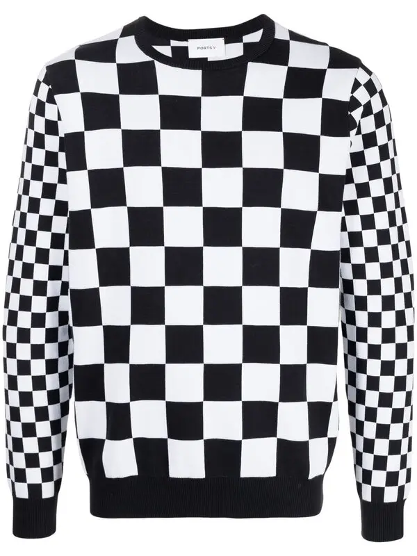 PORTS V Checkerboard-print Knit Jumper - Black