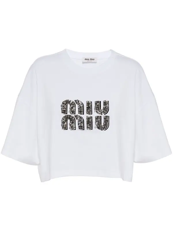 miu miu クリスタルビジュー付き Tシャツ ホワイト Miu Miu Crysta-Embeished Cotton T-Shirt - White | Editorialist