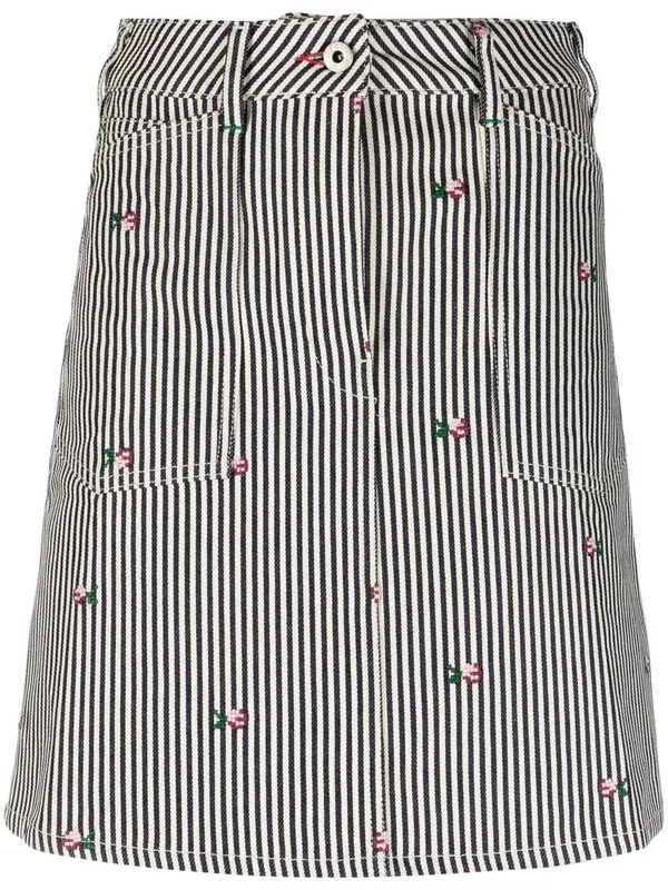 Kenzo Floral-embroidered Stripe-print Skirt - White