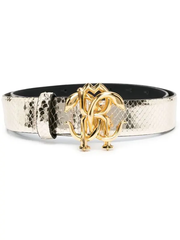 Roberto Cavalli Logo Buckle Leather Belt - Gold | Editorialist