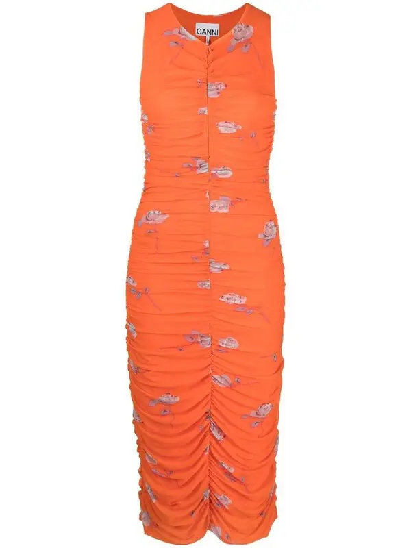 GANNI Rose-print Ruched Mesh Dress