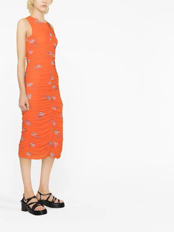 GANNI Rose-print Ruched Mesh Dress