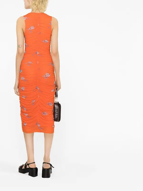 GANNI Rose-print Ruched Mesh Dress