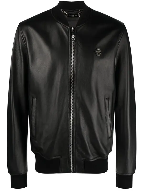 Philipp Plein Leather Bomber Jacket - Black