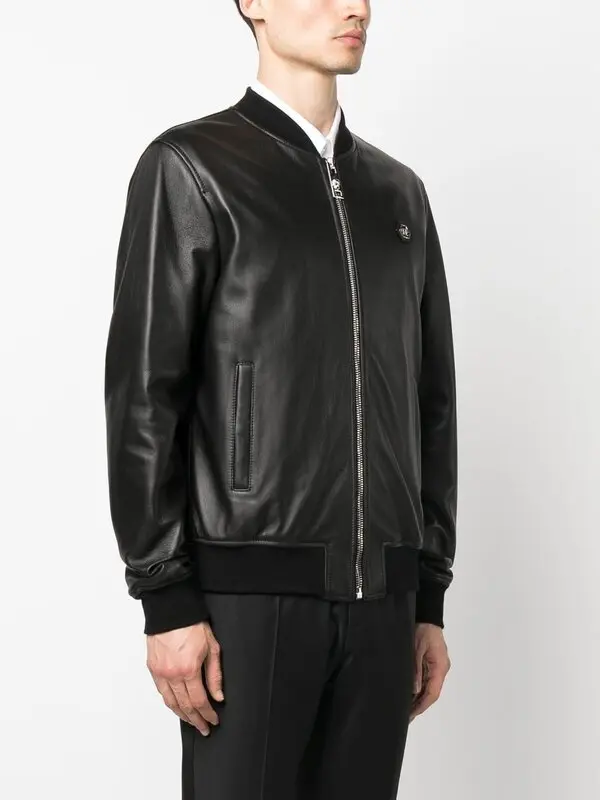 Philipp Plein Leather Bomber Jacket - Black